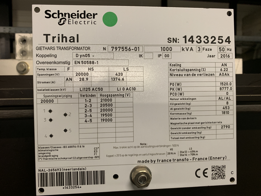 2x 1000 kVA 20 kV / 420 Volt Schneider Trihal transformator 2016 | LV ...